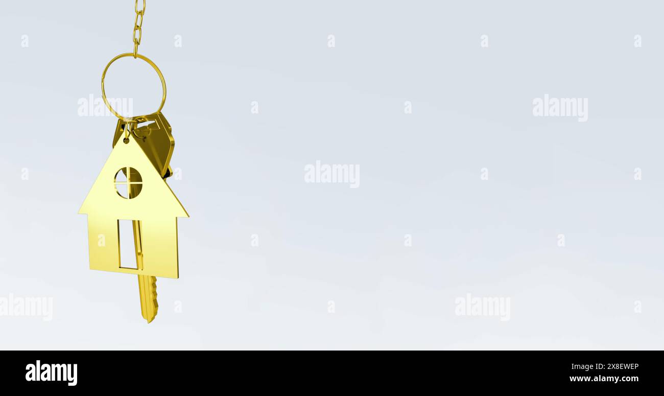 Image of gold key with house keychain on grey background Stock Photo ...