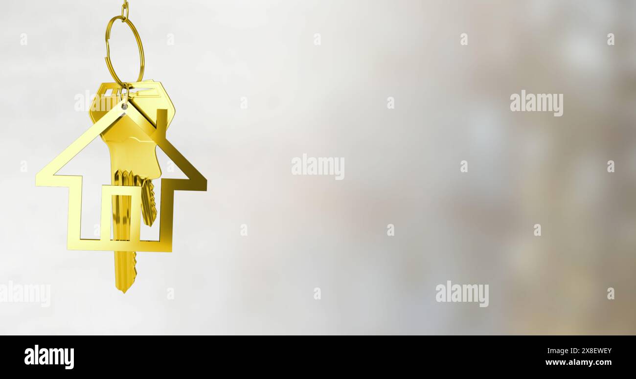 Image of gold key with house keychain on grey background Stock Photo ...