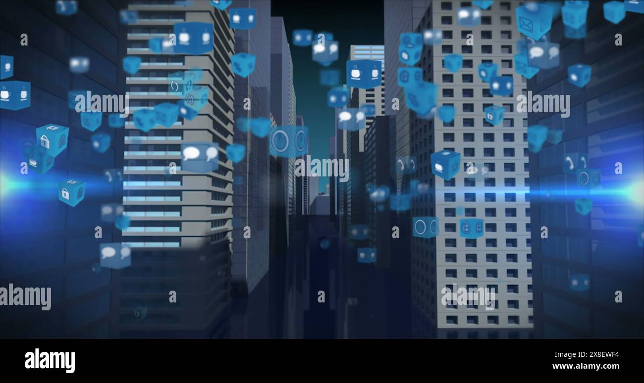 Image of digital icons floating over 3d buildings model against light ...