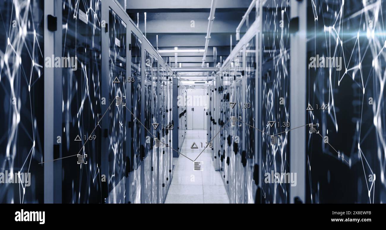 Image Of Statistical Data Processing Against Plexus Networks Trails Over Computer Server Room