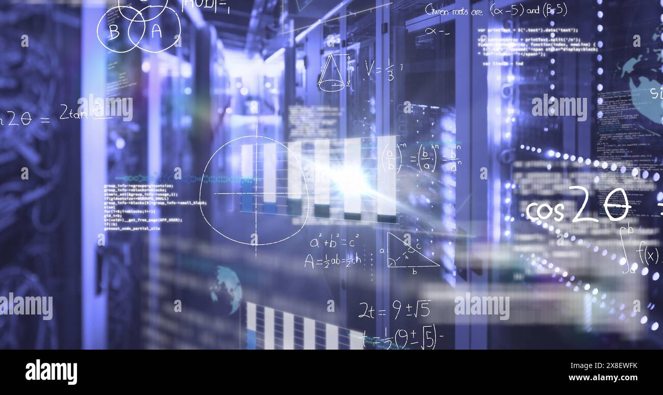 Image of mathematical equations, data processing and light spot against computer server room ...