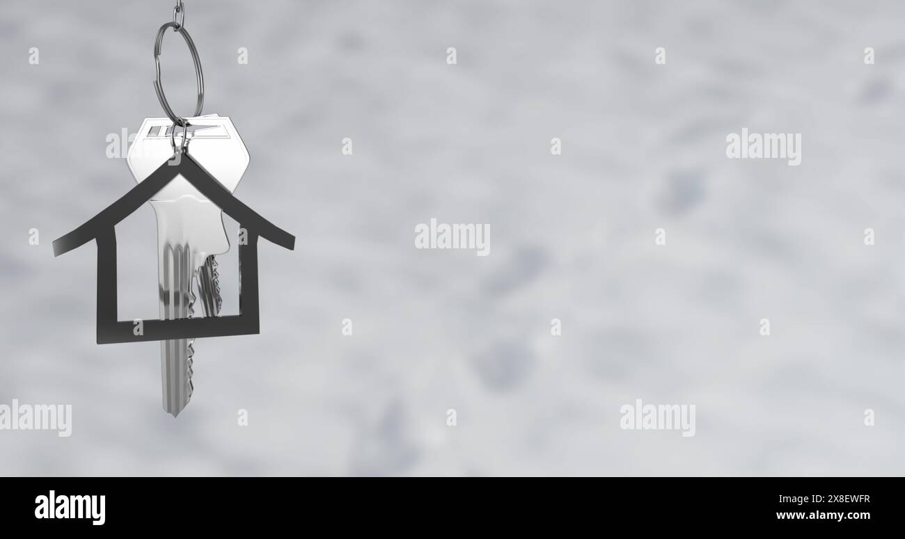 Image of silver key with house keychain on grey background Stock Photo ...