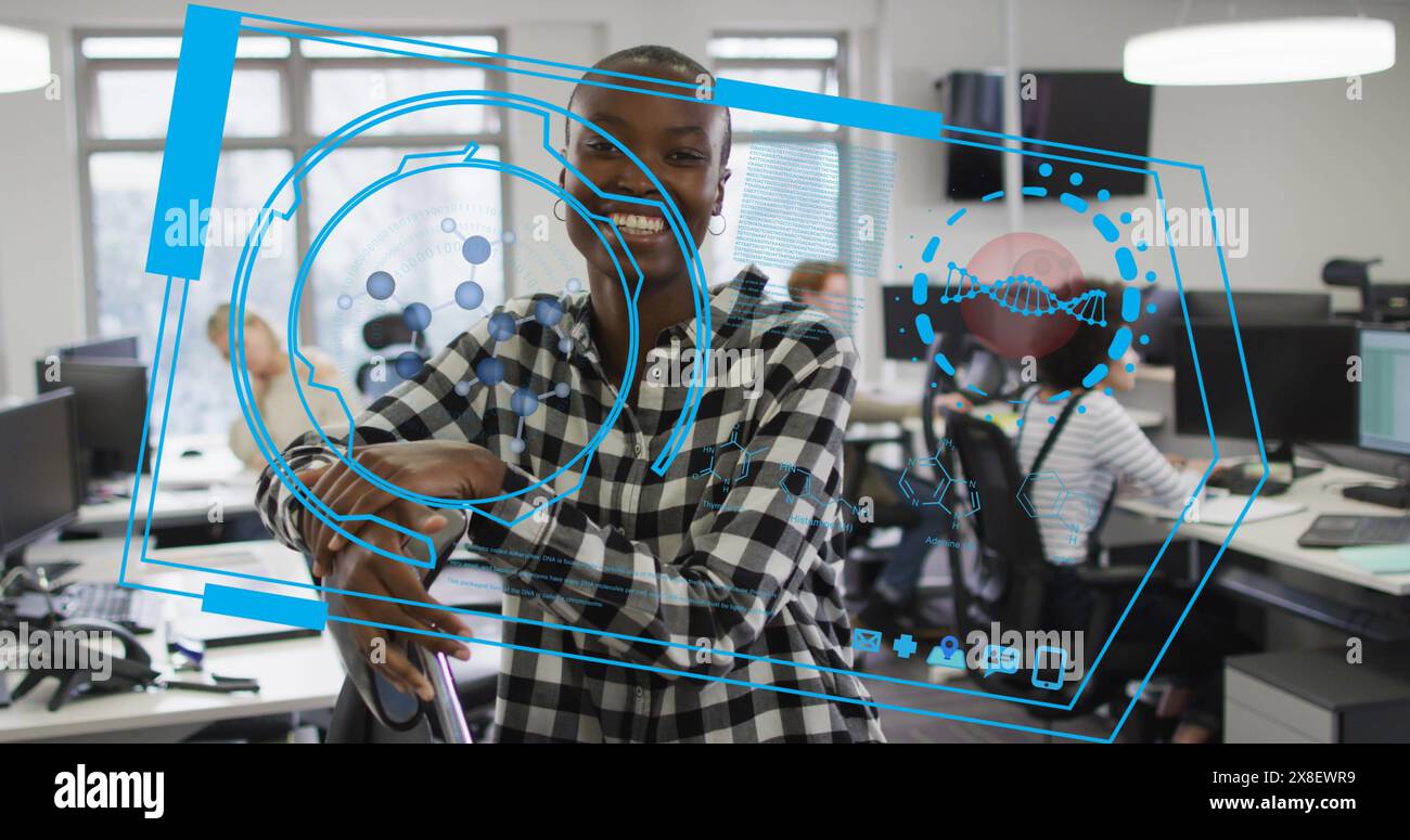 Image of financial data processing with molecules and dna strand over ...