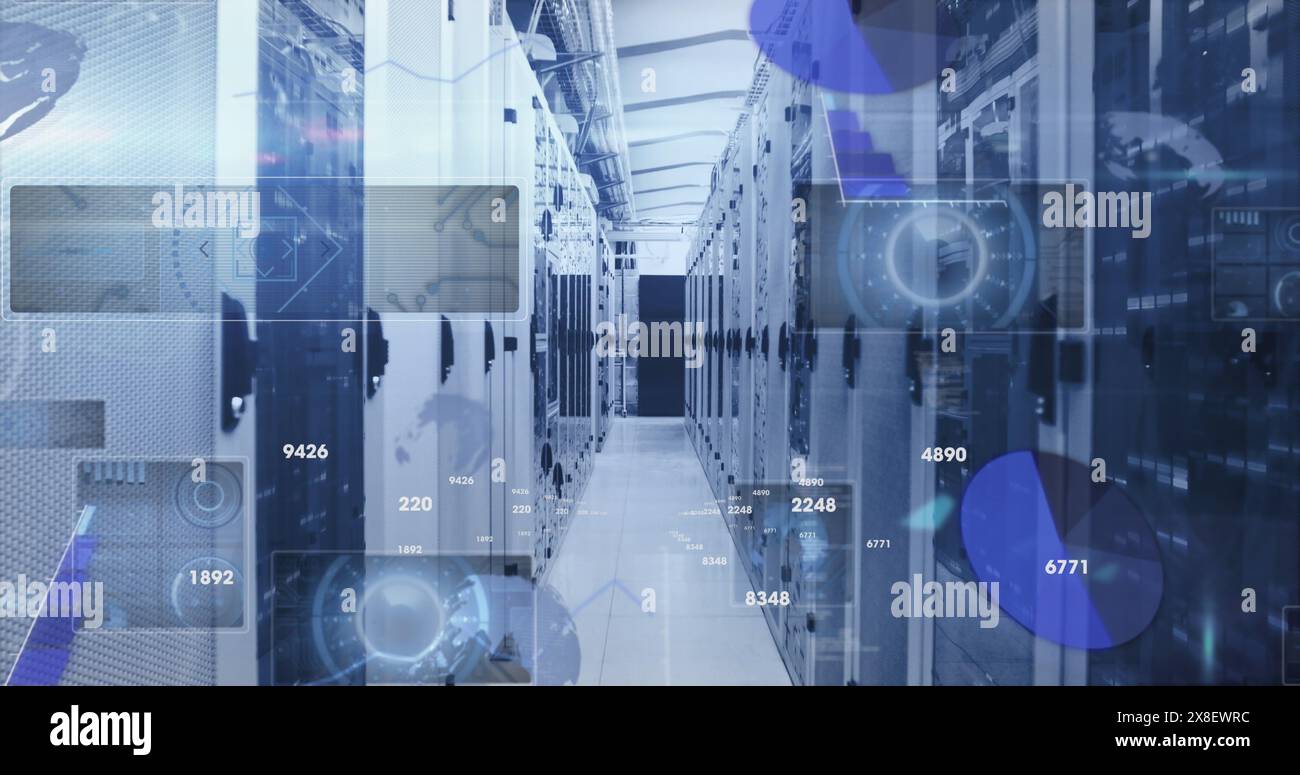 Image of changing numbers, round scanners and data processing against server room Stock Photo ...