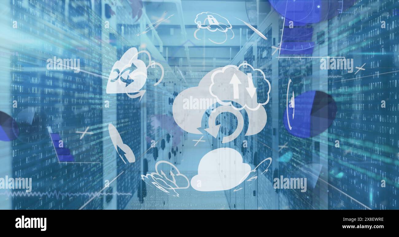 Image of globe of digital icons spinning and data processing against computer server room Stock ...