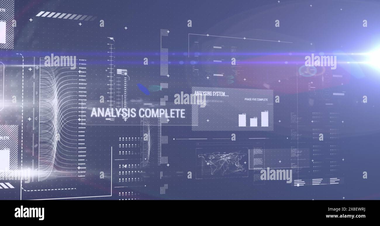 Image of interface with data processing against light spot on blue ...