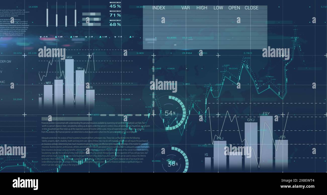 Image of statistical data processing over grid network against world map on blue background ...