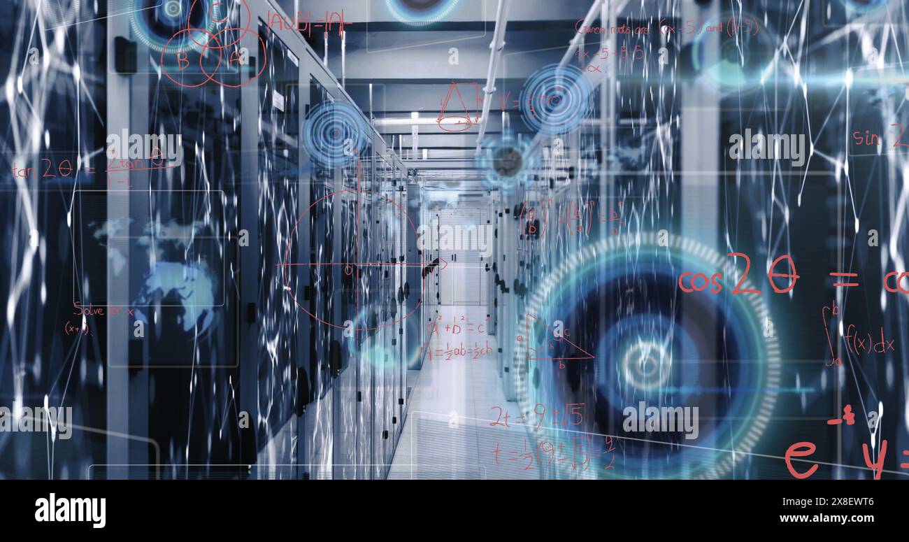 Image of round scanners and data processing against network of connections over server room ...