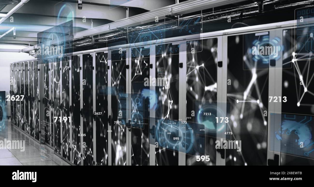 Image of changing numbers, round scanner and network of connections against server room Stock ...
