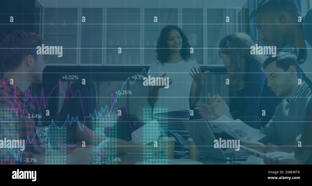 Image of data processing over diverse business people working in office ...
