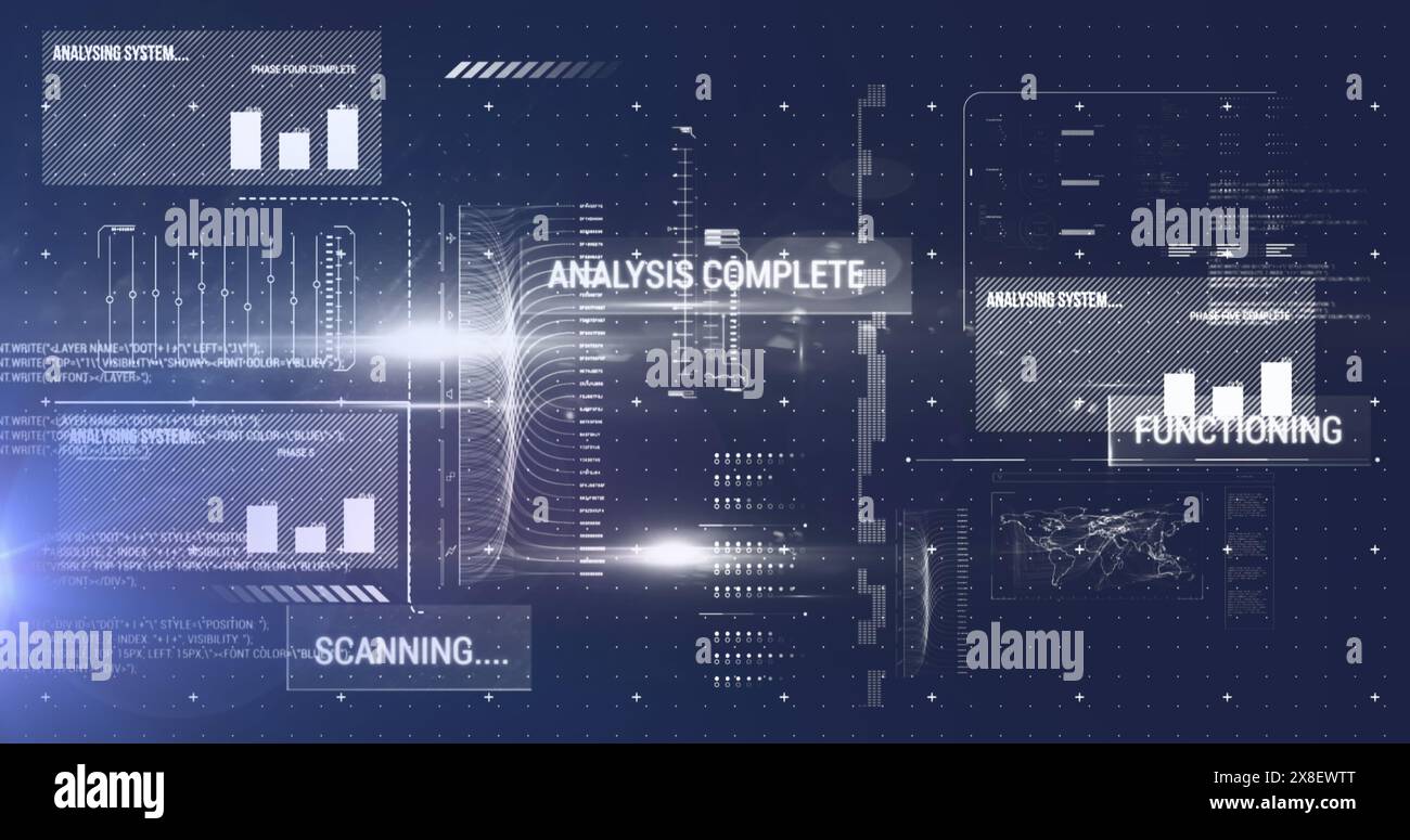 Image of interface with data processing against light spot on black ...