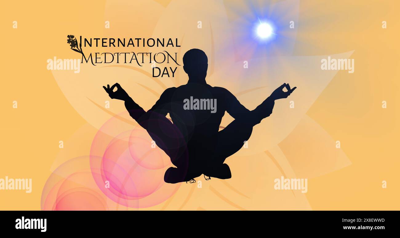 Image of meditation day text banner and silhouette of man in yoga pose ...