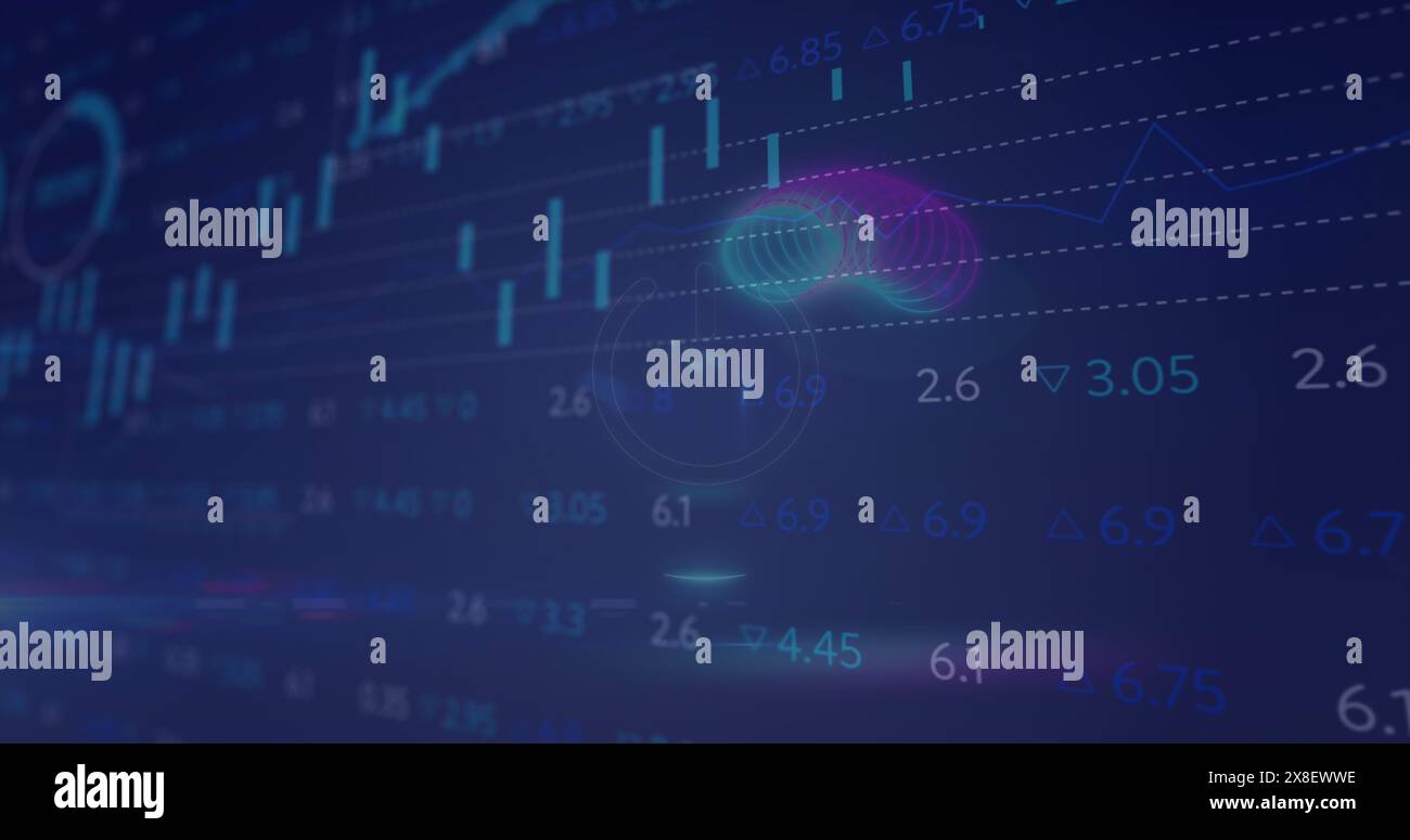 Image Of Statistical Data Processing Over Glowing Power Button Icon Against Blue Background