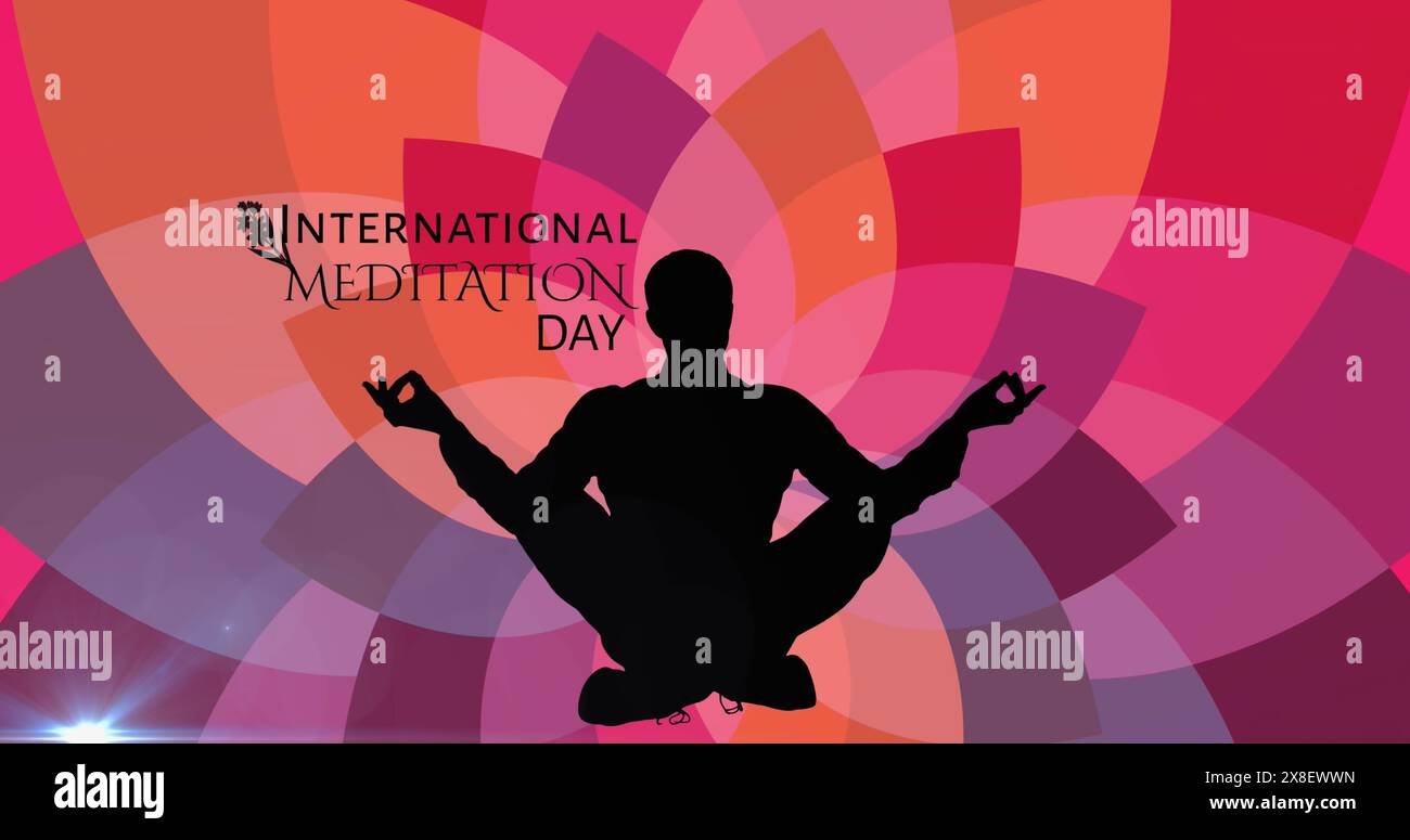 Image of meditation day text banner and silhouette of man in yoga pose ...