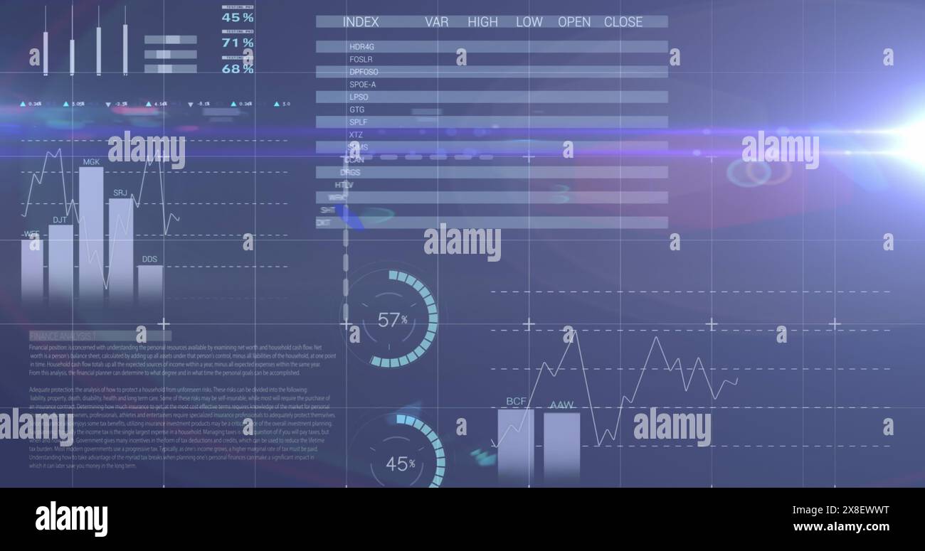 Image of statistical data processing against light spot on blue ...