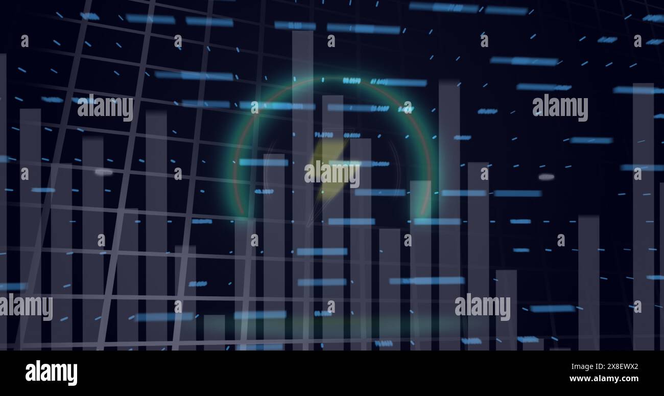 Image of financial and statistical data processing over thunderbolt icon on black background ...