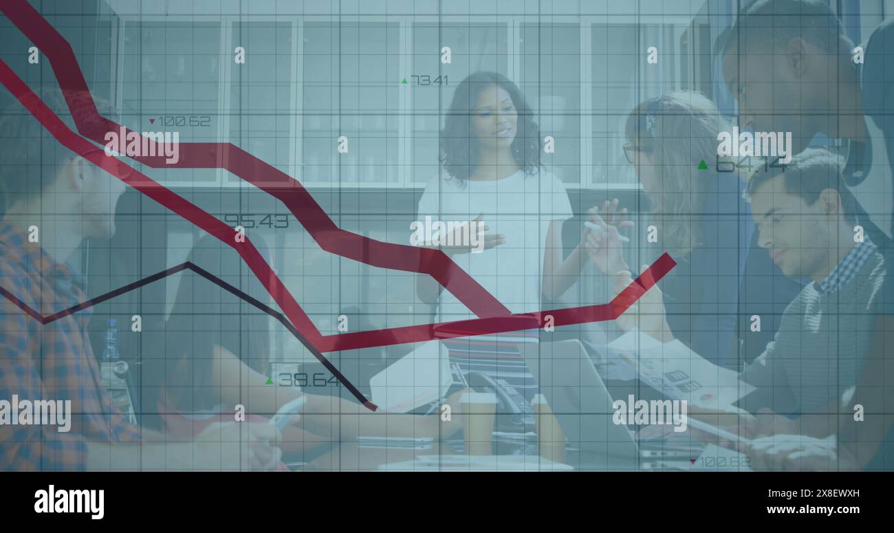 Image of statistical data processing over african american woman giving ...