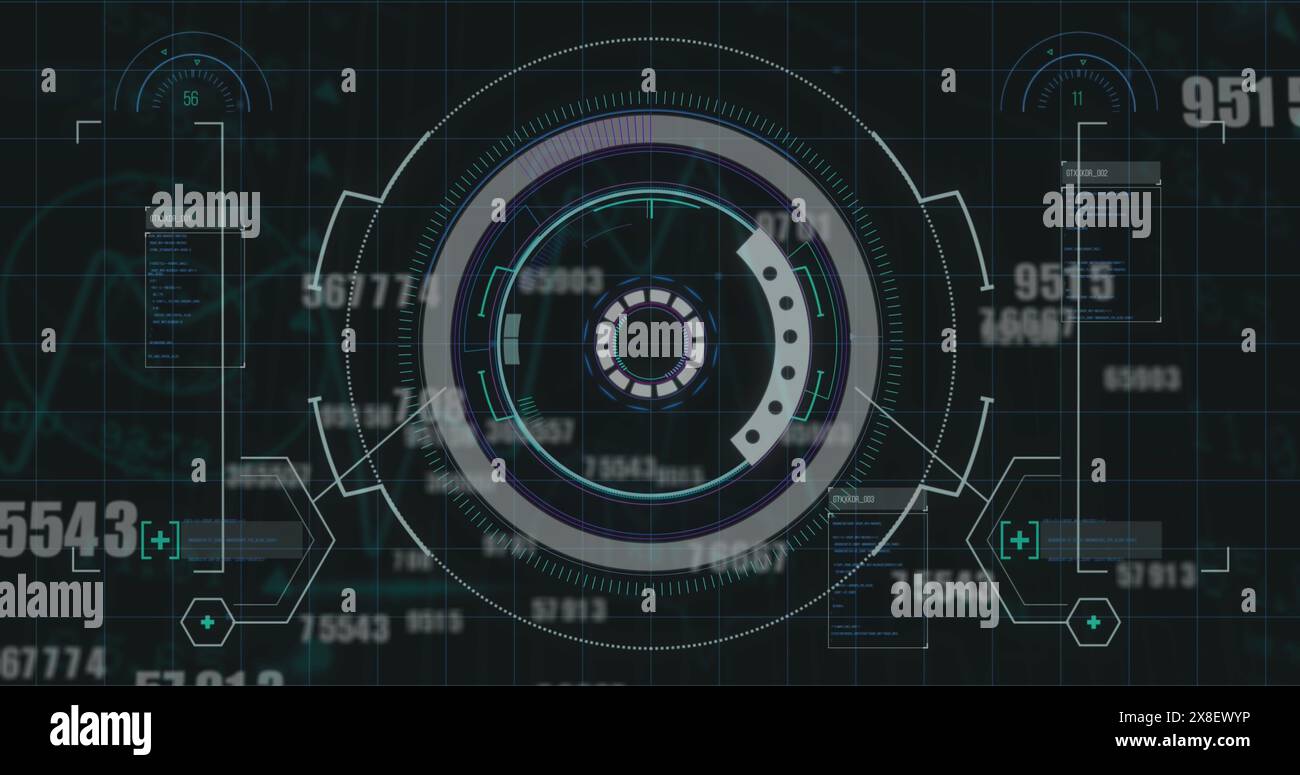 Image of multiple changing numbers over interface with round scanner and data processing Stock ...