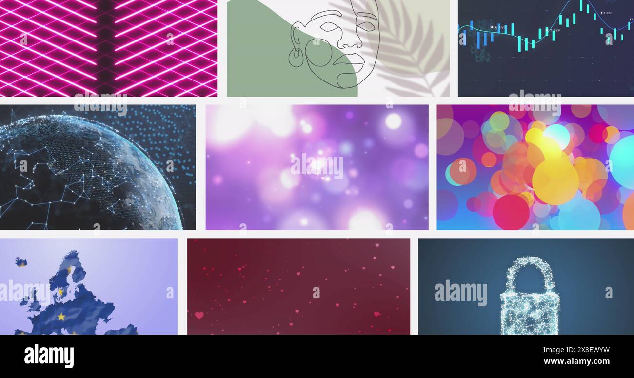 Image of multiple screens with data processing against white background ...