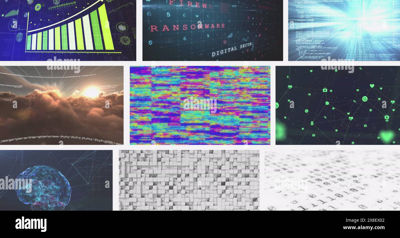 Image of multiple screens with data processing against white background ...