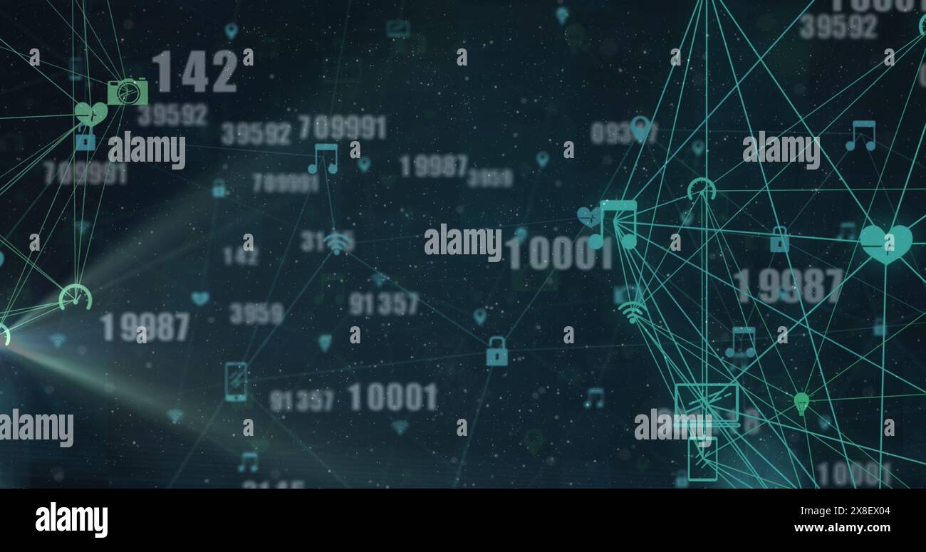 Image of multiple changing numbers over globe of digital icons spinning ...