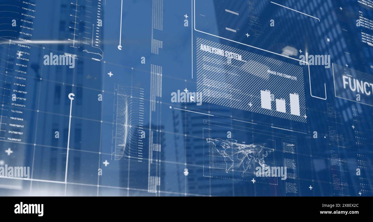 Image Of Computer Language Over Loading Bars Map Graph Texts Over Low Angle View Of Buildings 4109