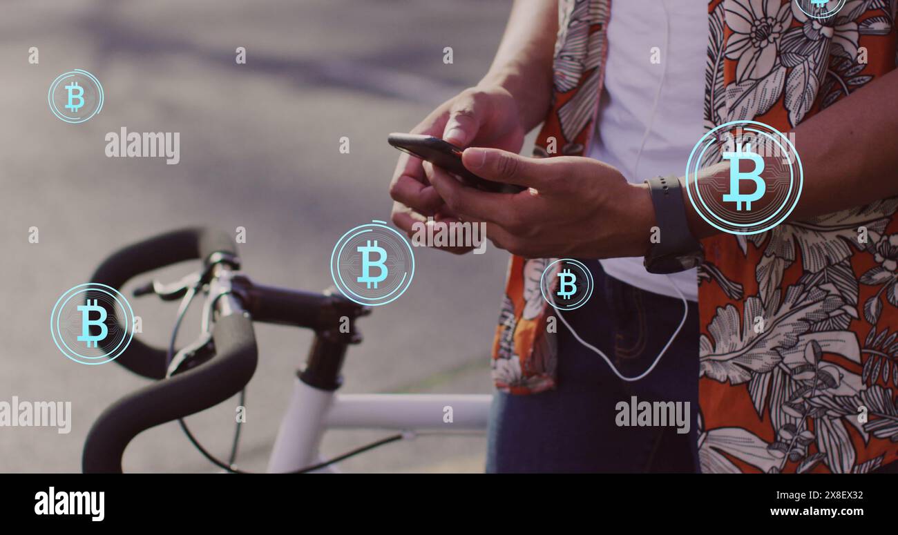 Cryptocurrency blockchain technology animation over hi-res stock ...