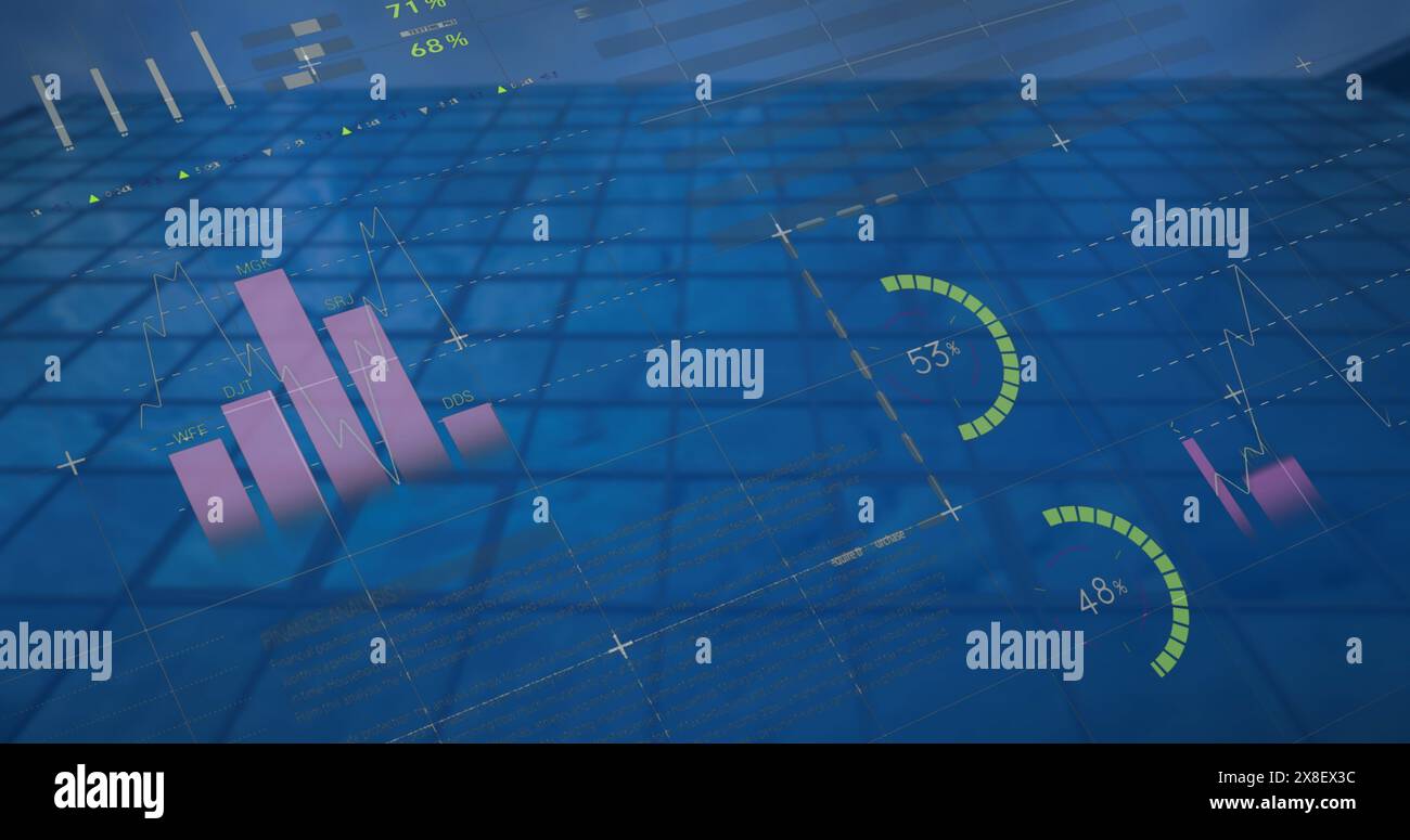 Image of multicolored infographic interface over low angle view of ...