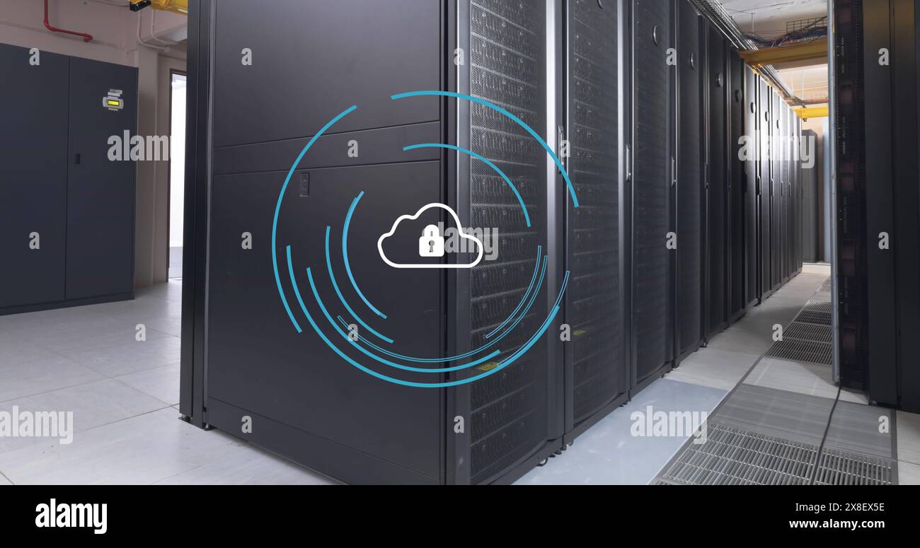 Image of cloud with padlock icon and circles over server room Stock ...