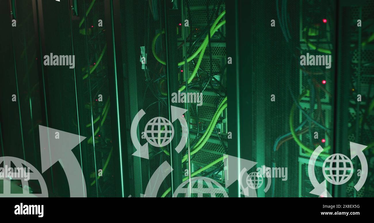 Image of globe with arrows icons over server room Stock Photo - Alamy