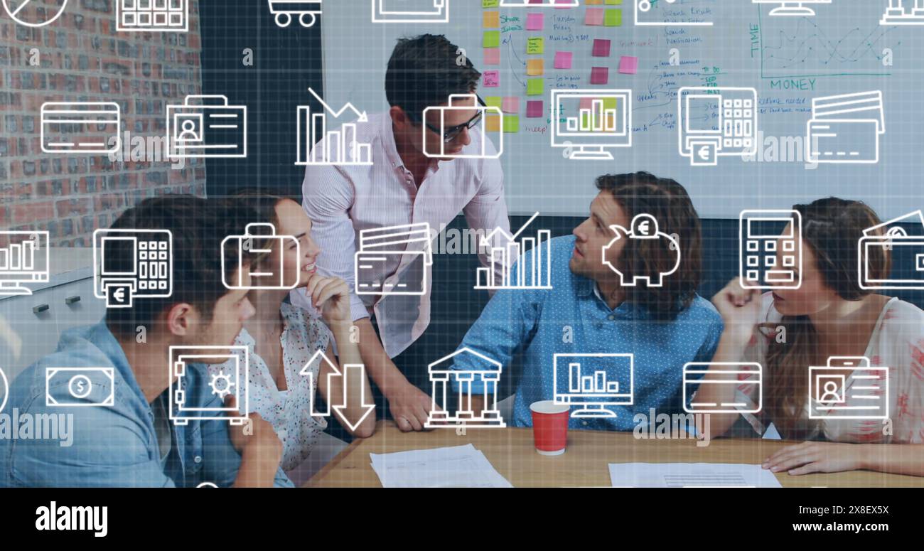 Image of multiple digital icons against diverse colleagues discussing ...