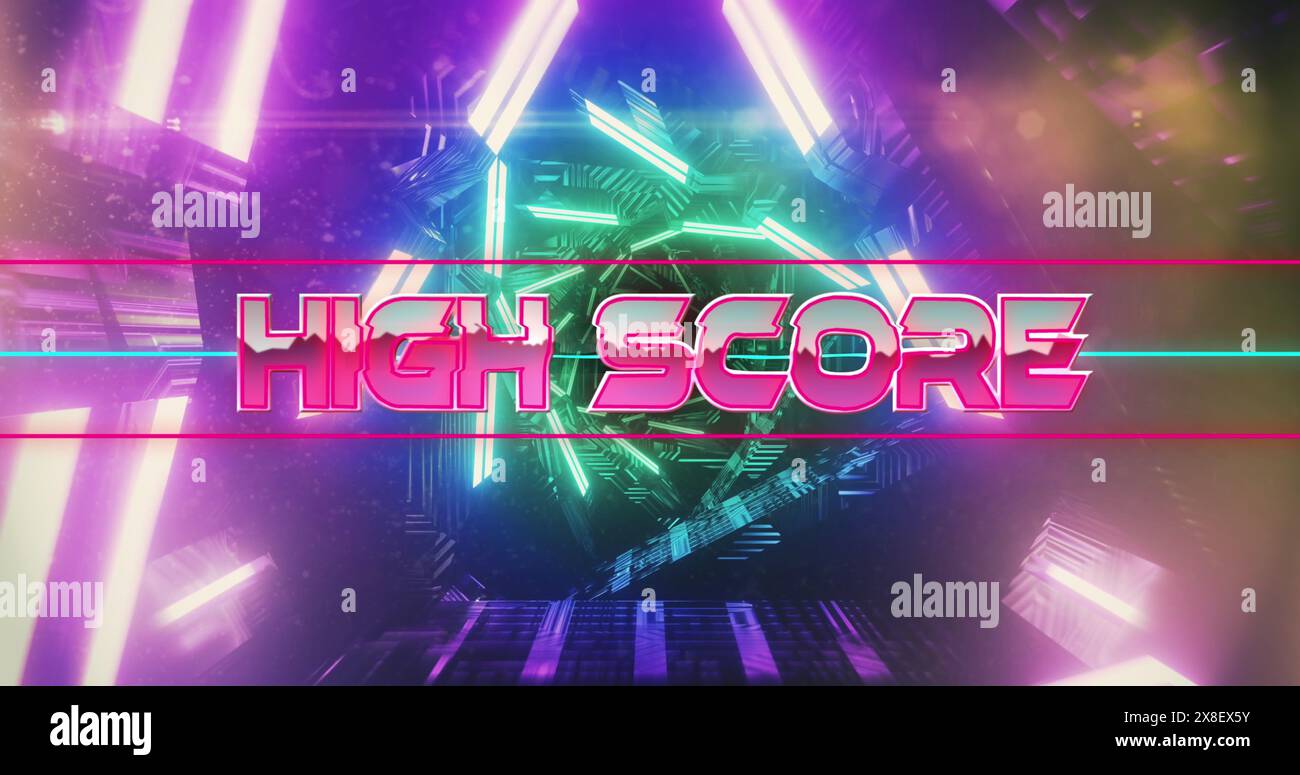 Image of high score text over neon lines and pattern Stock Photo - Alamy