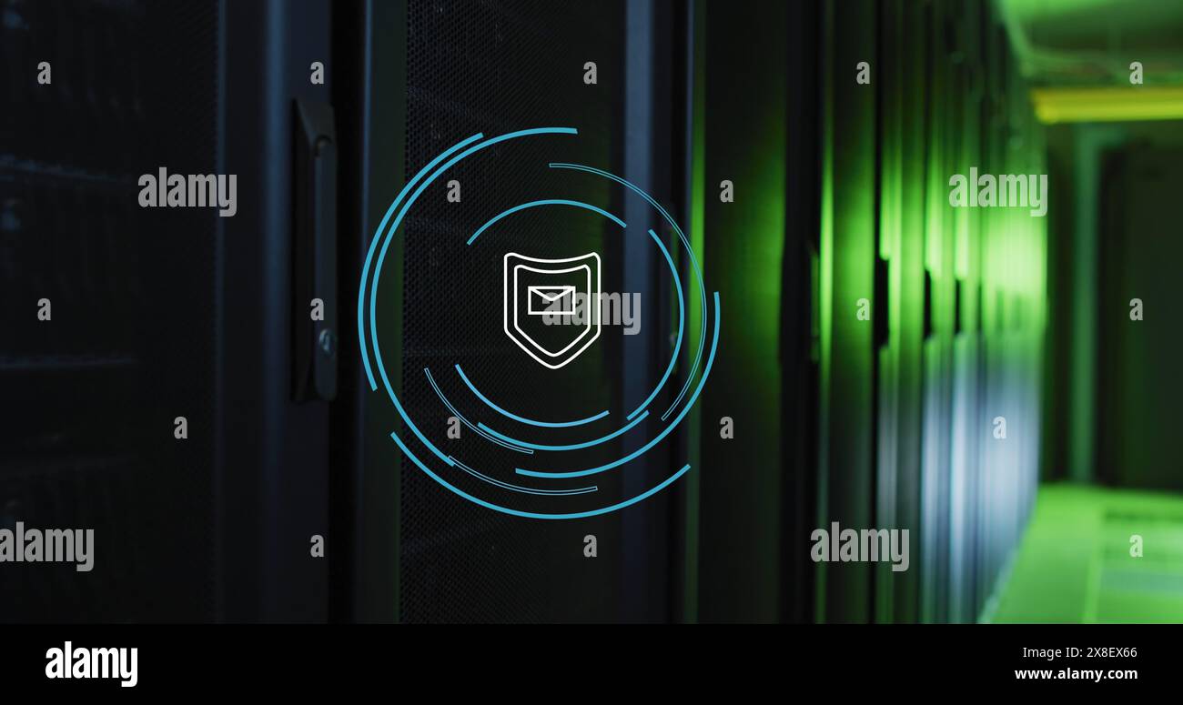 Image of shield with envelope icon and circles over server room Stock Photo - Alamy