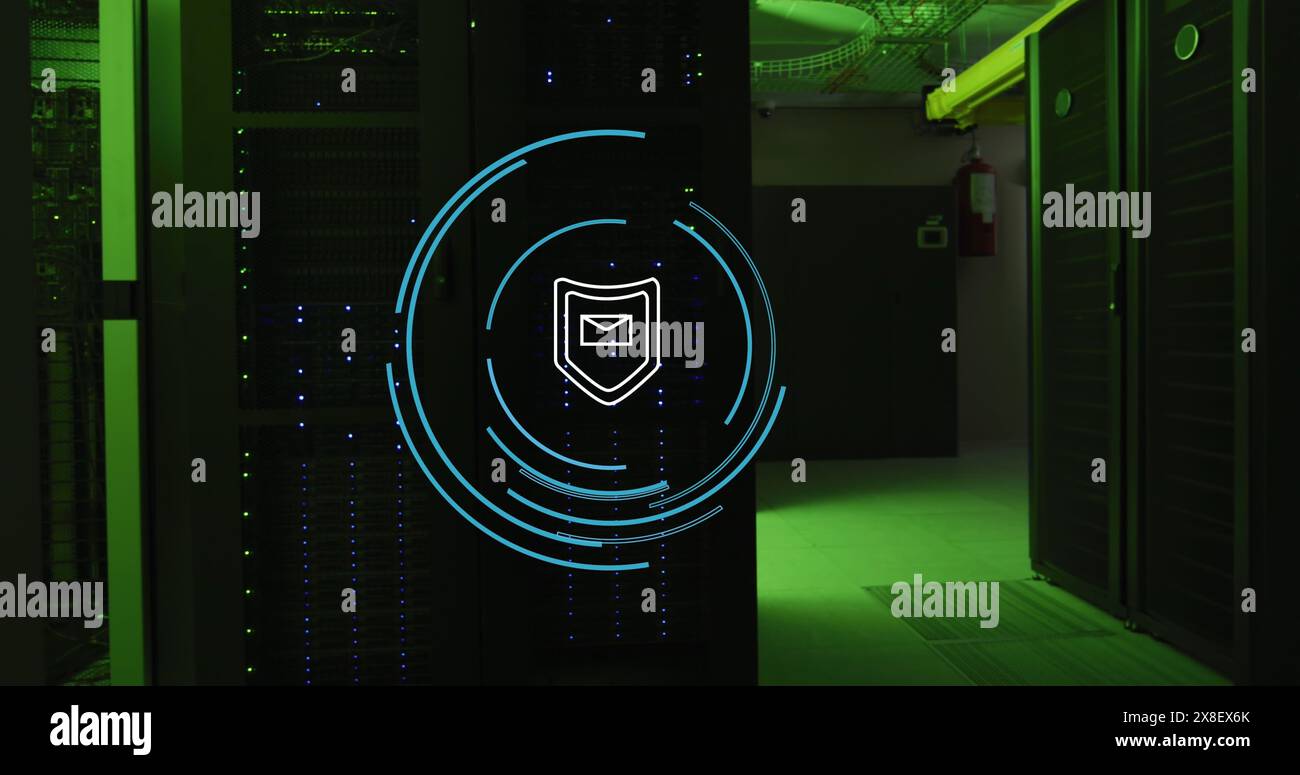 Image of shield with envelope icon and circles over server room Stock Photo - Alamy