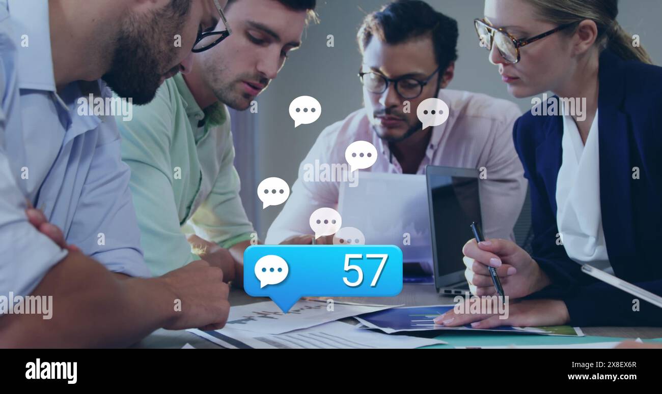Image of message icons with increasing numbers over diverse colleagues ...