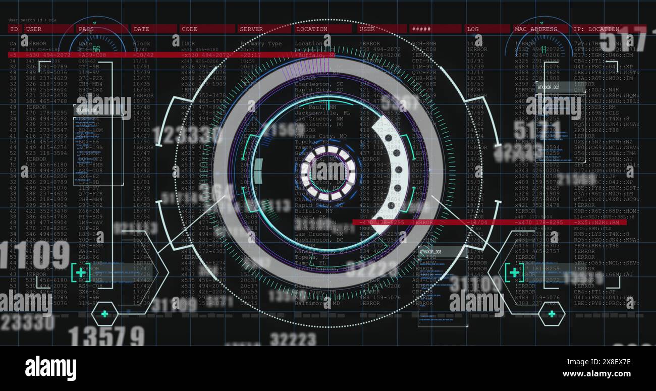 Image of multiple changing numbers over interface with round scanner and data processing Stock ...