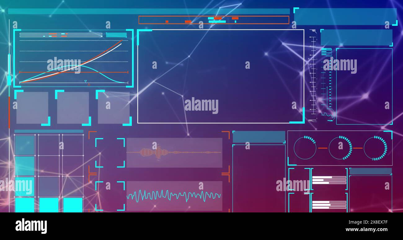 Image Of Interface With Data Processing And Plexus Networks Against Purple Gradient Background 