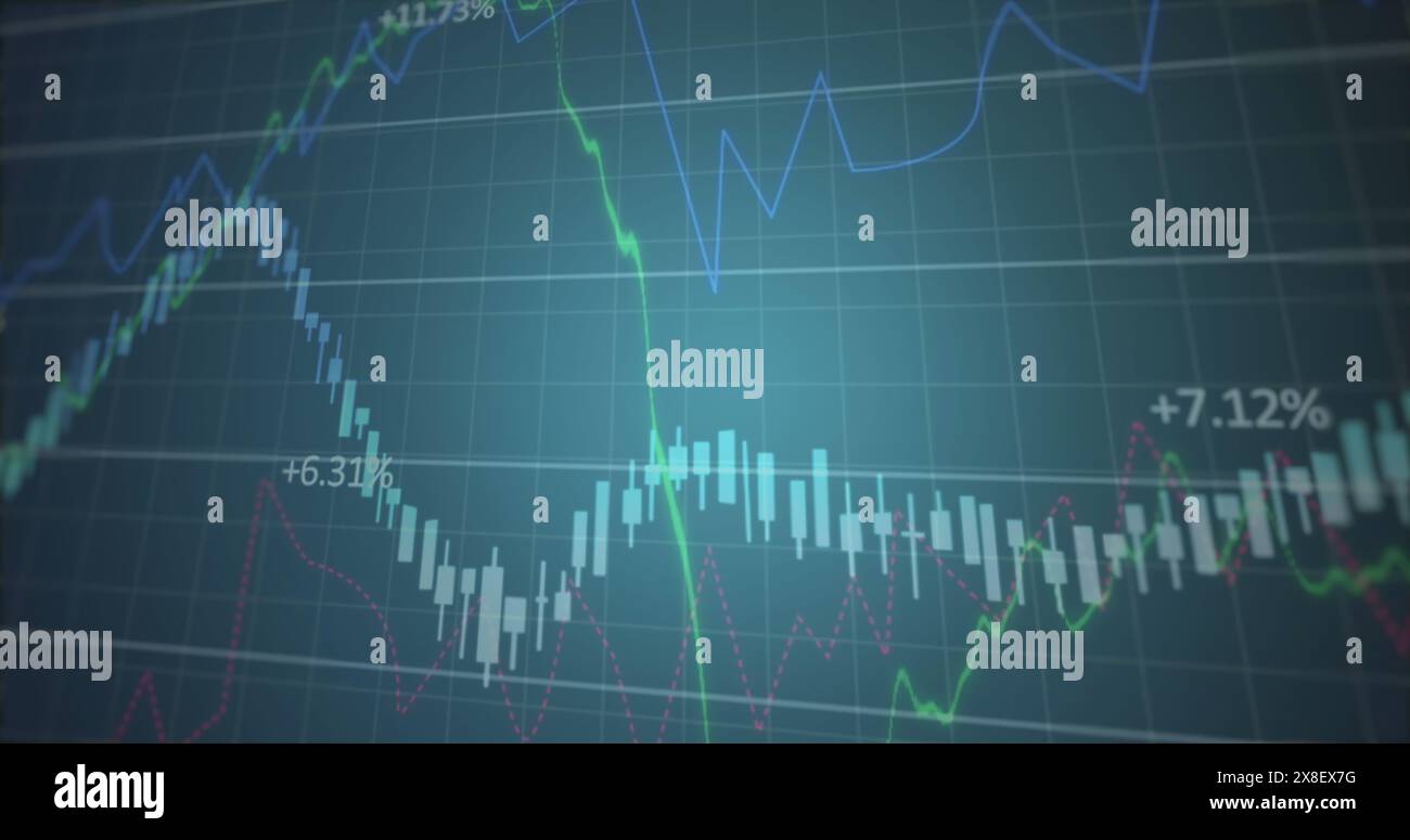 Image of multiple graphs with changing numbers over grid pattern against blue background Stock ...
