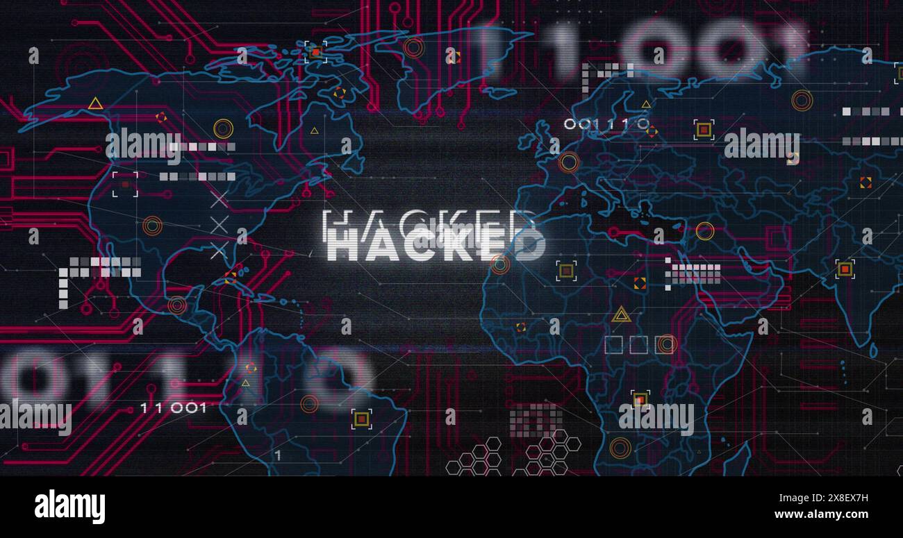 Image Of Hacked Text Banner Over World Map And Microprocessor
