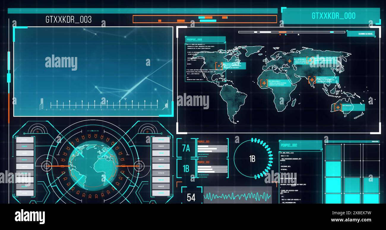 Image of interface with spinning globe, world map and data processing on blue background Stock ...