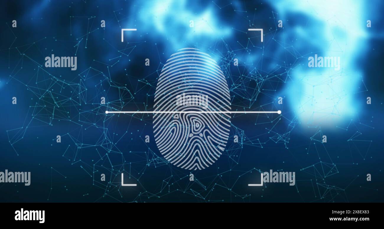 Image of biometric fingerprint scanner and plexus networks over light ...