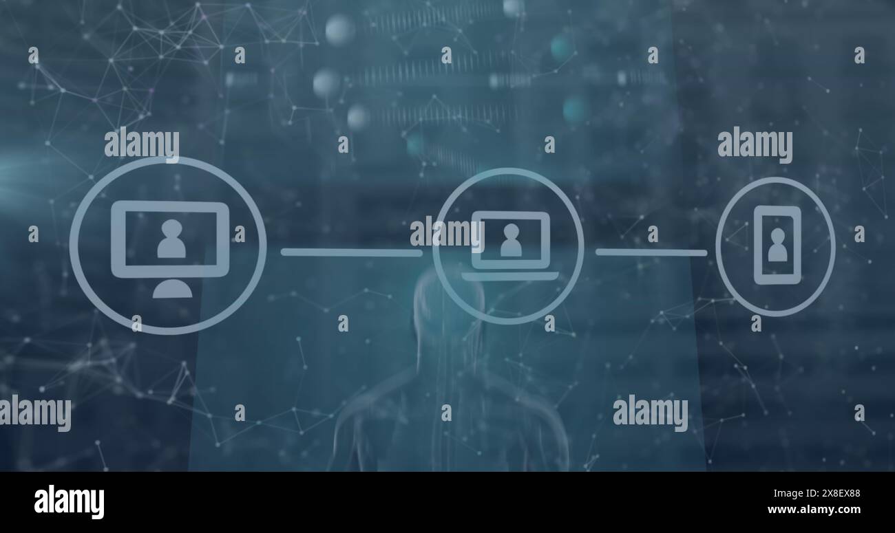 Image of network of digital icons, network of connections, screens with medical data processing ...
