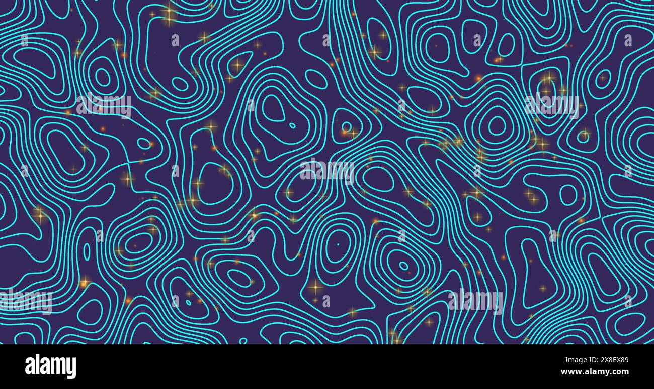 Image of yellow shining stars over topography patterns in seamless ...