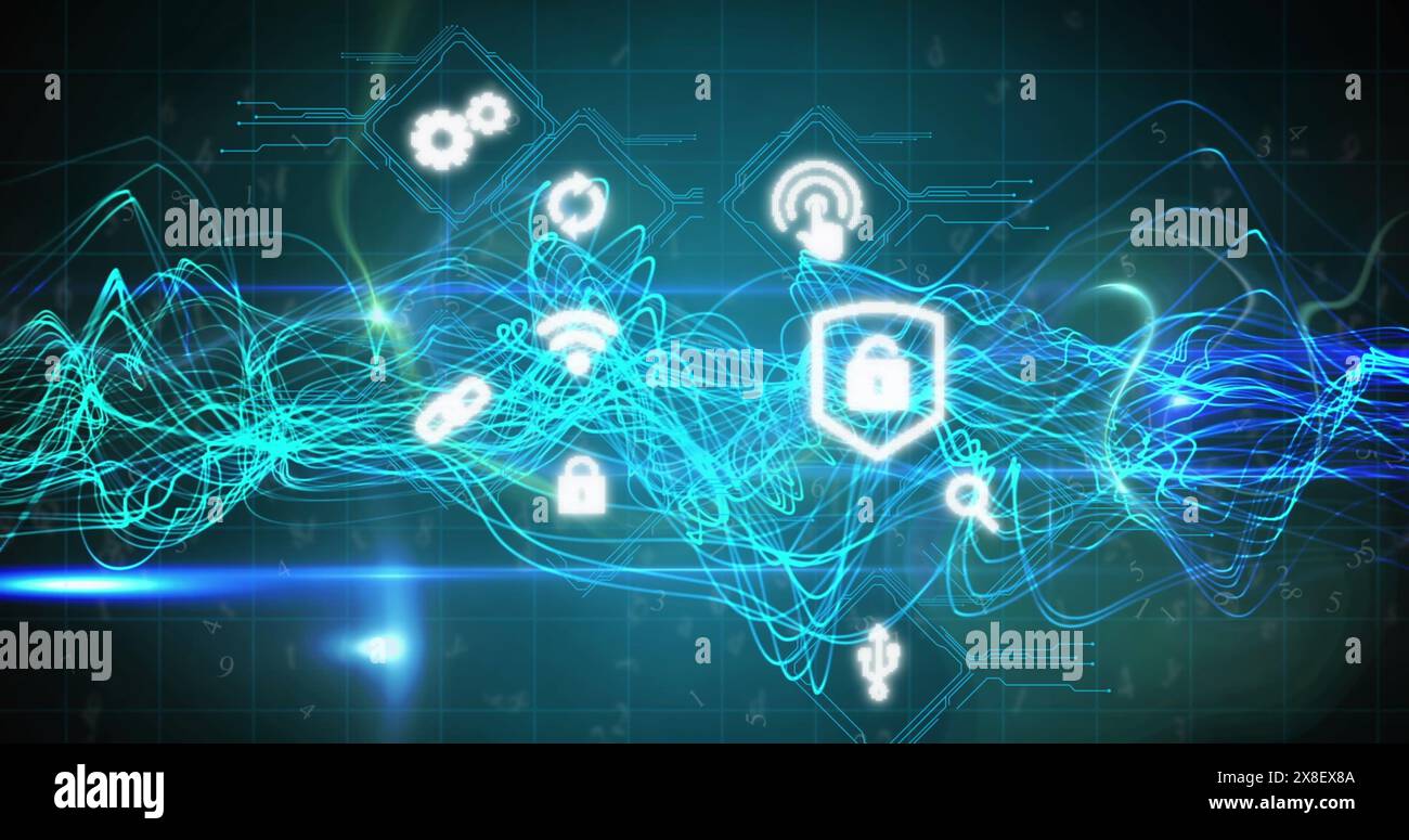 Image of digital icons, digital wave, light spot and data processing ...