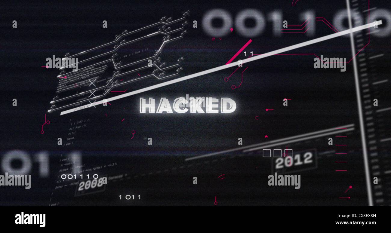 Image Of Hacked Text Numbers Circuit Board Pattern And Computer Language On Black Background 
