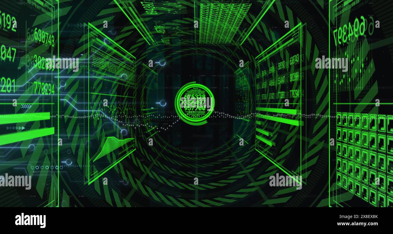 Image of interface with data processing against tunnel in seamless pattern on black background ...