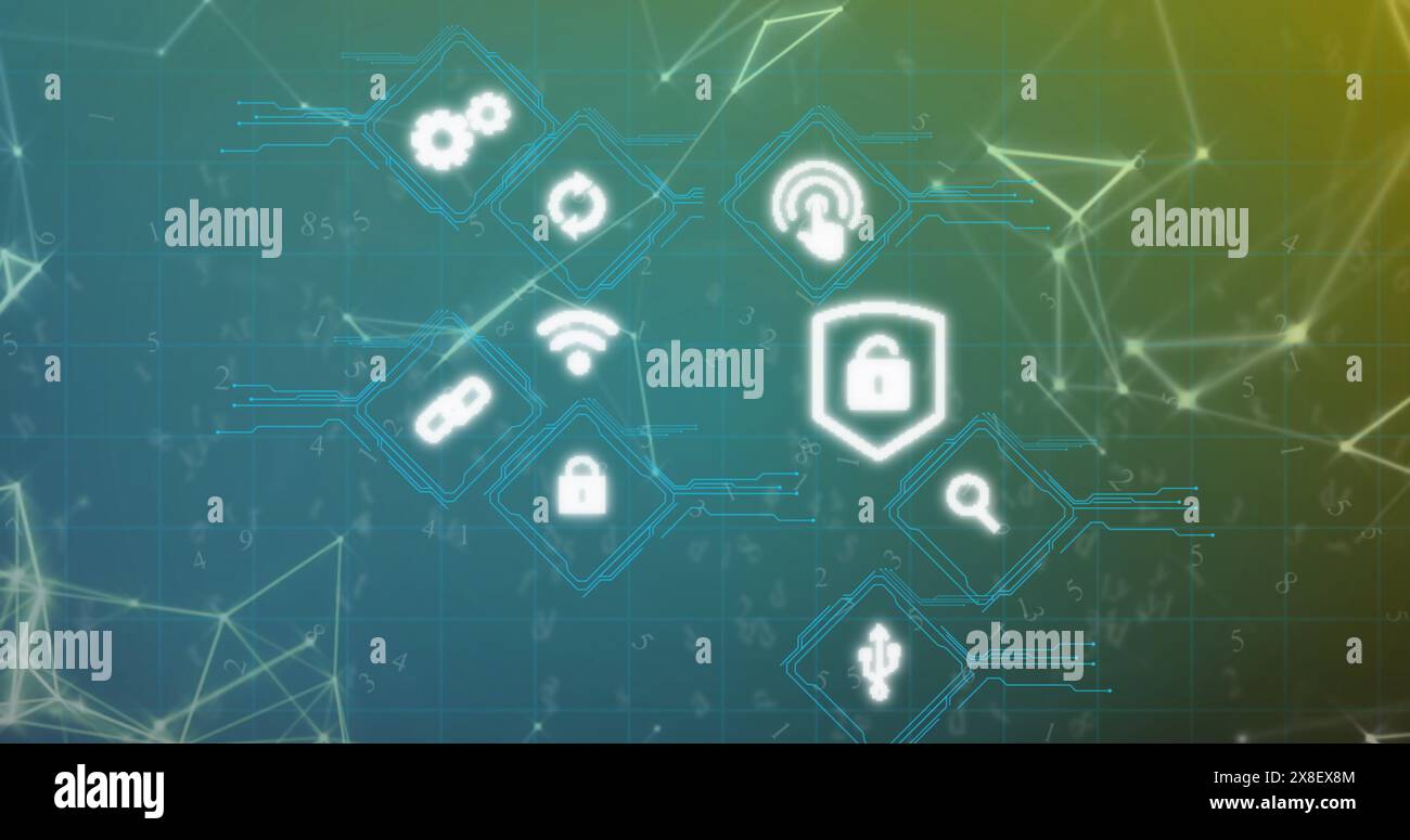 Image of multiple digital icons and network of connections against ...