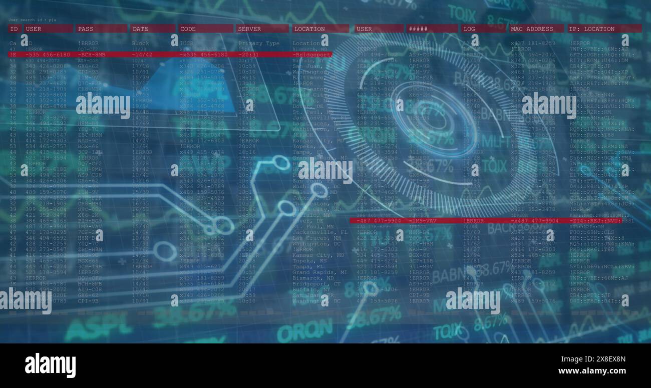 Image of interface with round scanner and stock market data processing against tall buildings ...