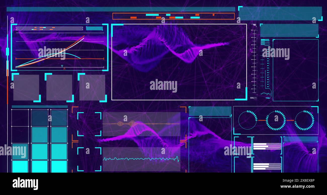 Image of interface with data processing and digital wave against purple ...