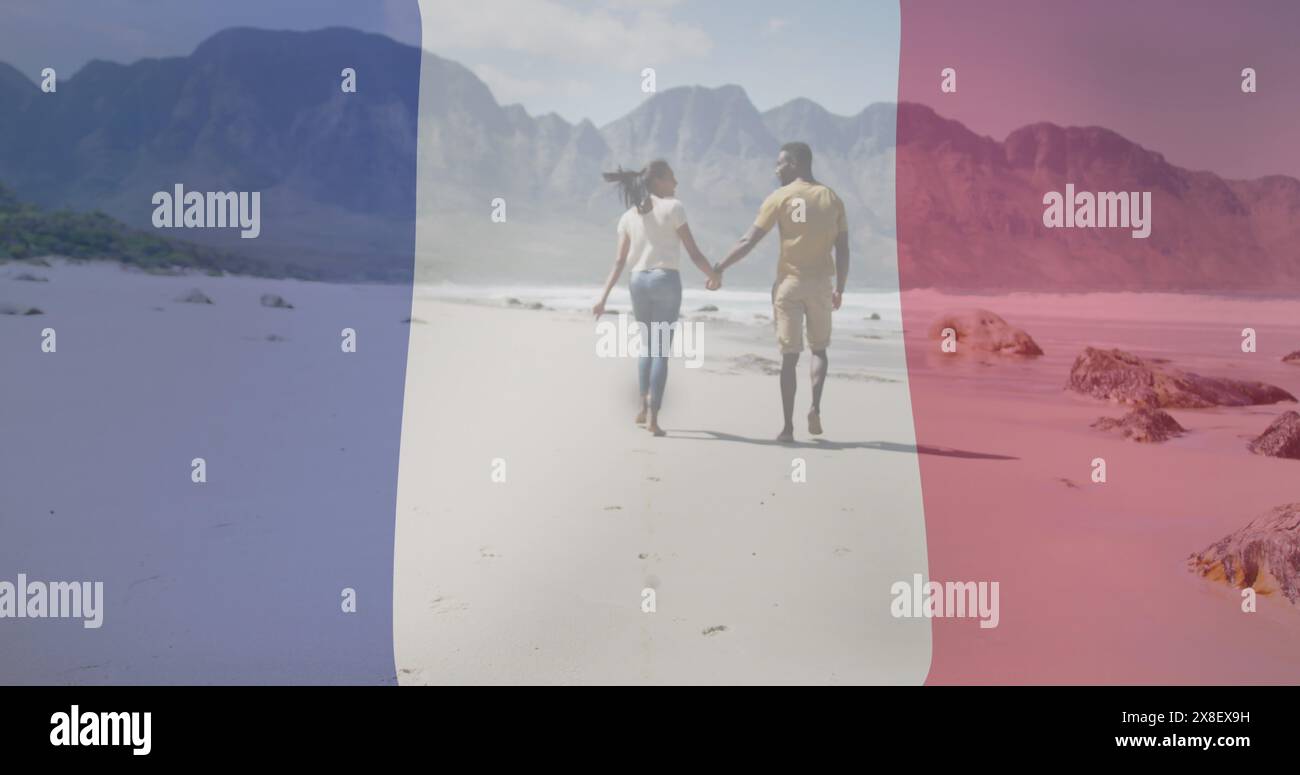 Image of flag of france and fireworks over happy biracial couple ...